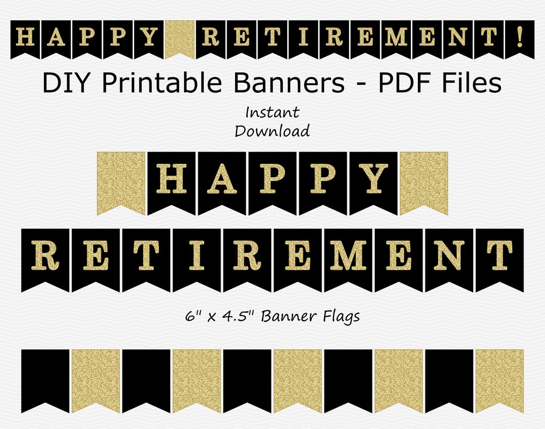 Happy Retirement Banner - Black & Gold Glitter - PRINTABLE - INSTANT ...