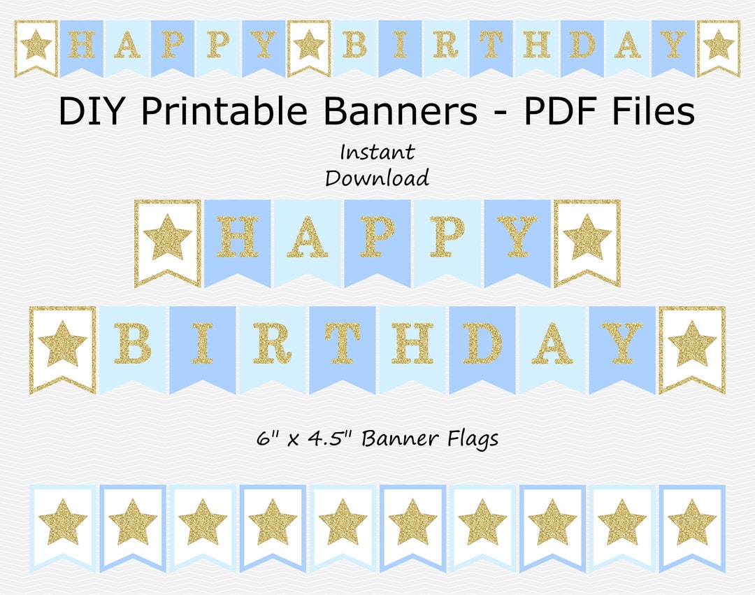Happy Birthday Banner - Light Blue, Pale Blue & Gold Glitter - Twinkle ...