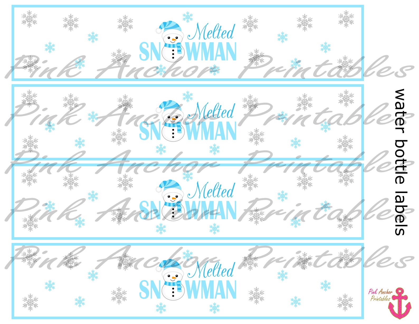 Melted Snowman Water Bottle Labels Blue & Silver Sparkle | Etsy