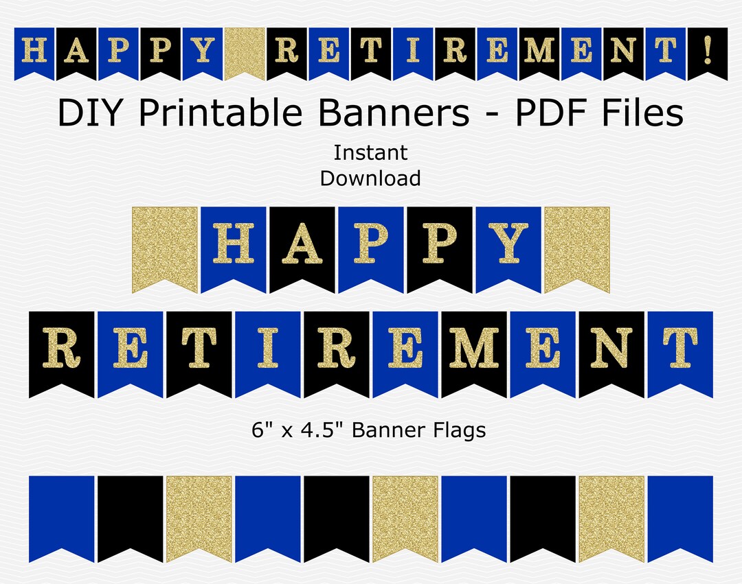Happy Retirement Banner - Royal Blue, Black & Gold Glitter - PRINTABLE ...
