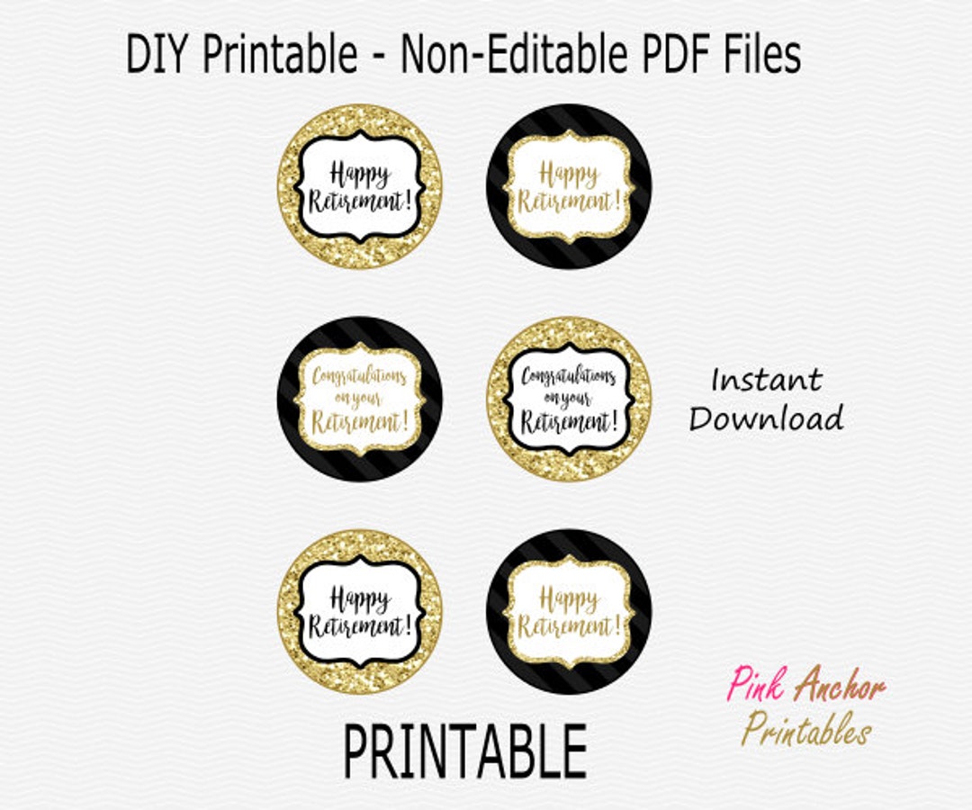 Printable Happy Retirement Cupcake Toppers - Black & Gold - Party ...