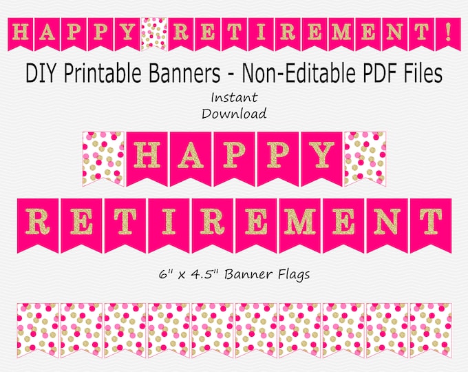 Printable Happy Retirement Banner Pink Gold Confetti Bunting Instant ...