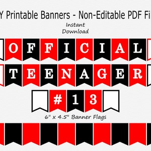 Official Teenager #13 Banner - Red & Black - PRINTABLE - INSTANT ...