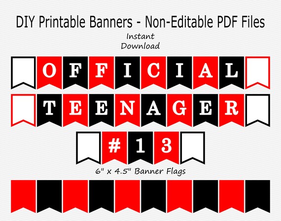 Official Teenager 13 Banner Red & Black PRINTABLE | Etsy