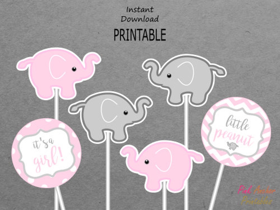 Printable Elephant Centerpieces Light Pink & Light Grey Girl Baby ...