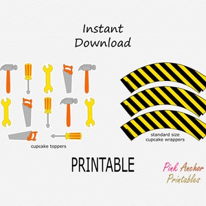 Printable Tools Cupcake Toppers and Wrappers - Orange, Yellow & Black ...