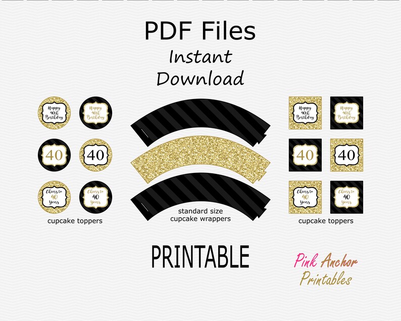 Printable 40th Birthday Cupcake Toppers and Wrappers Gold & | Etsy
