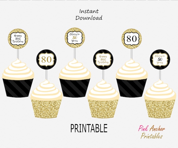 Printable 80th Birthday Cupcake Toppers and Wrappers Gold & - Etsy Canada