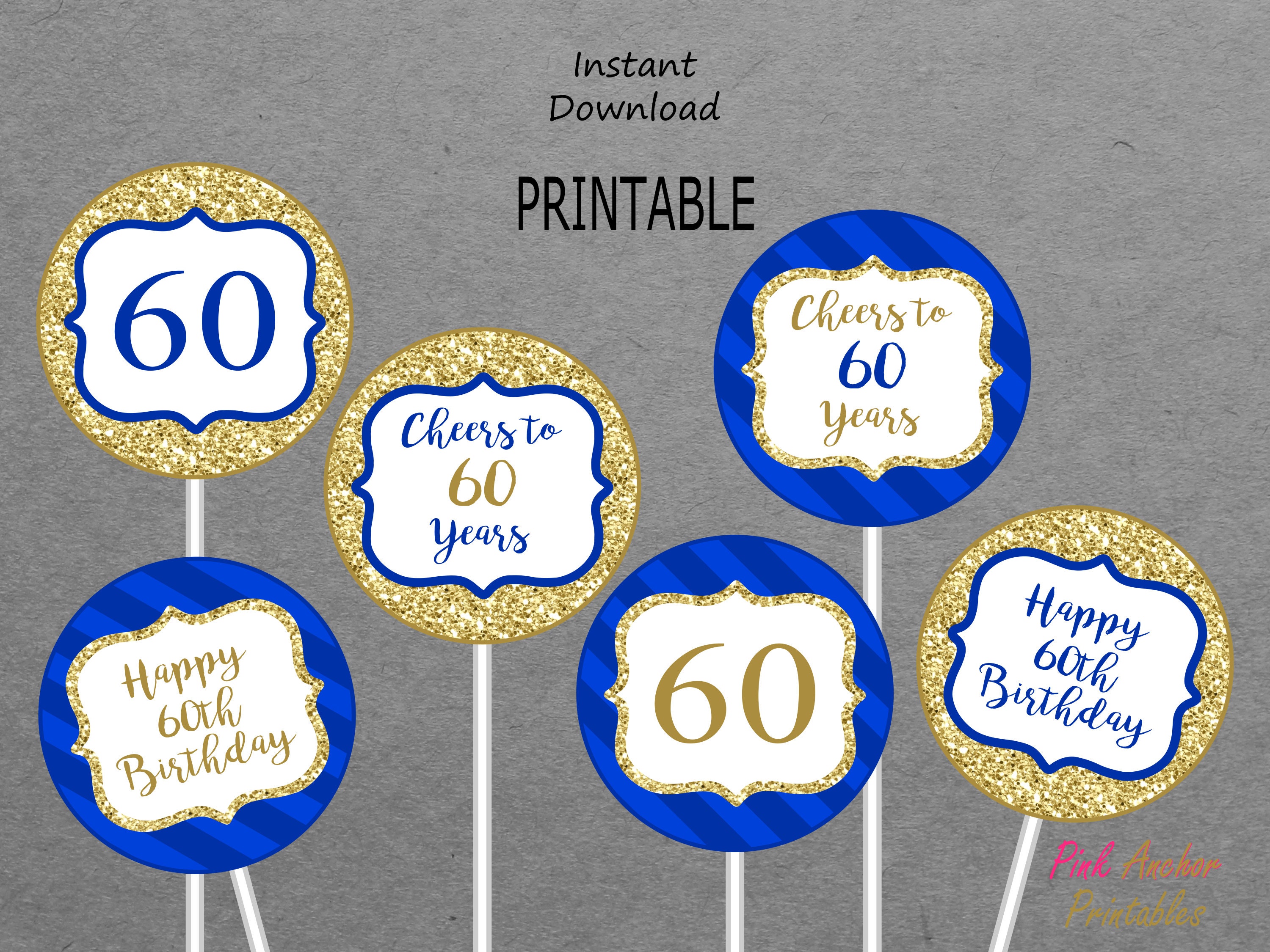 Printable 60th Birthday Centerpieces - Royal Blue & Gold - Cheers to 60 ...