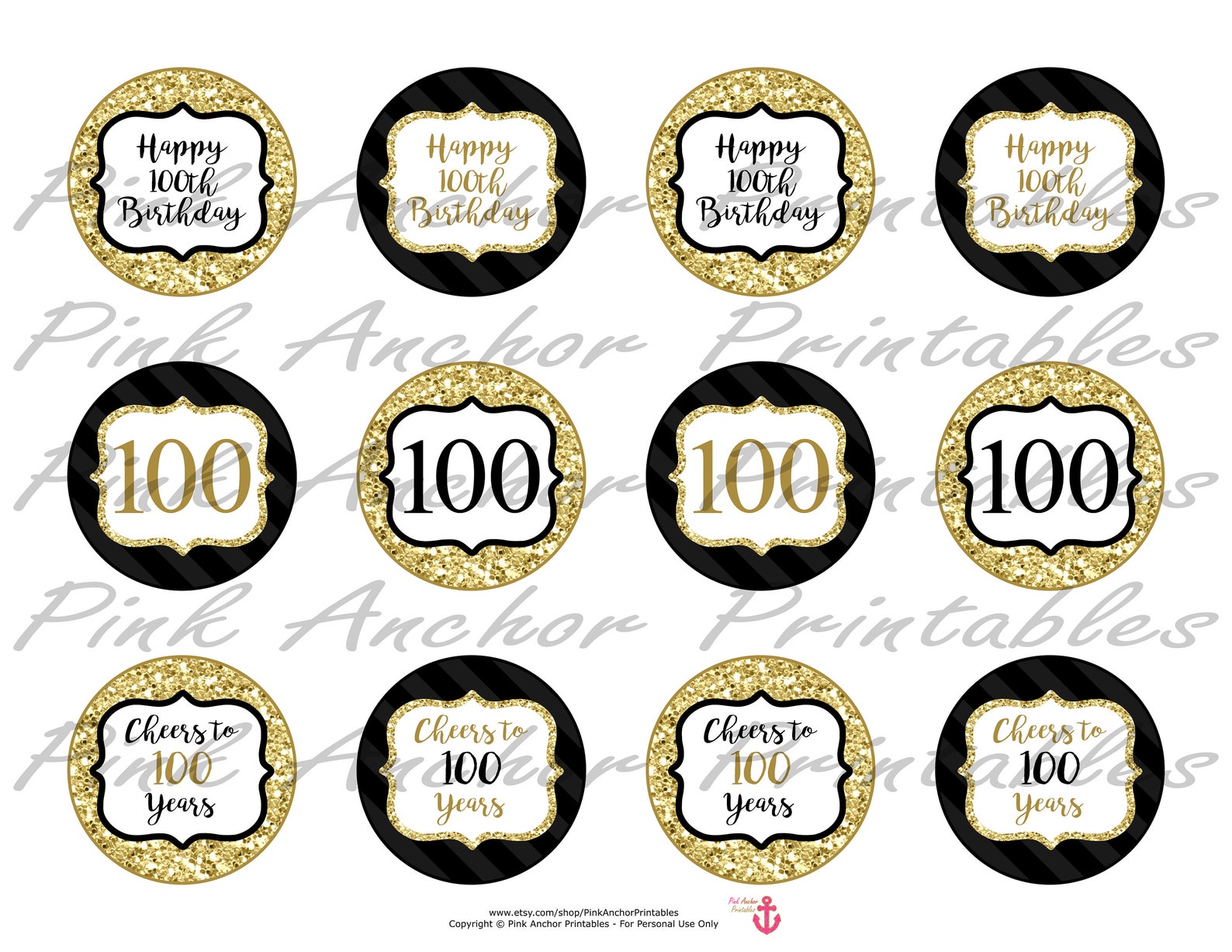Printable 100th Birthday Cupcake Toppers and Wrappers - Gold & Black ...