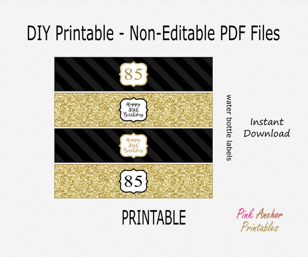 Printable Happy 85th Birthday Water Bottle Labels - Black & Gold ...