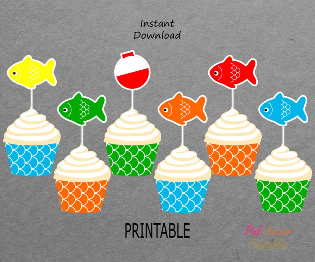 Printable Fish Birthday Cupcake Toppers and Wrappers - Gone Fishing ...