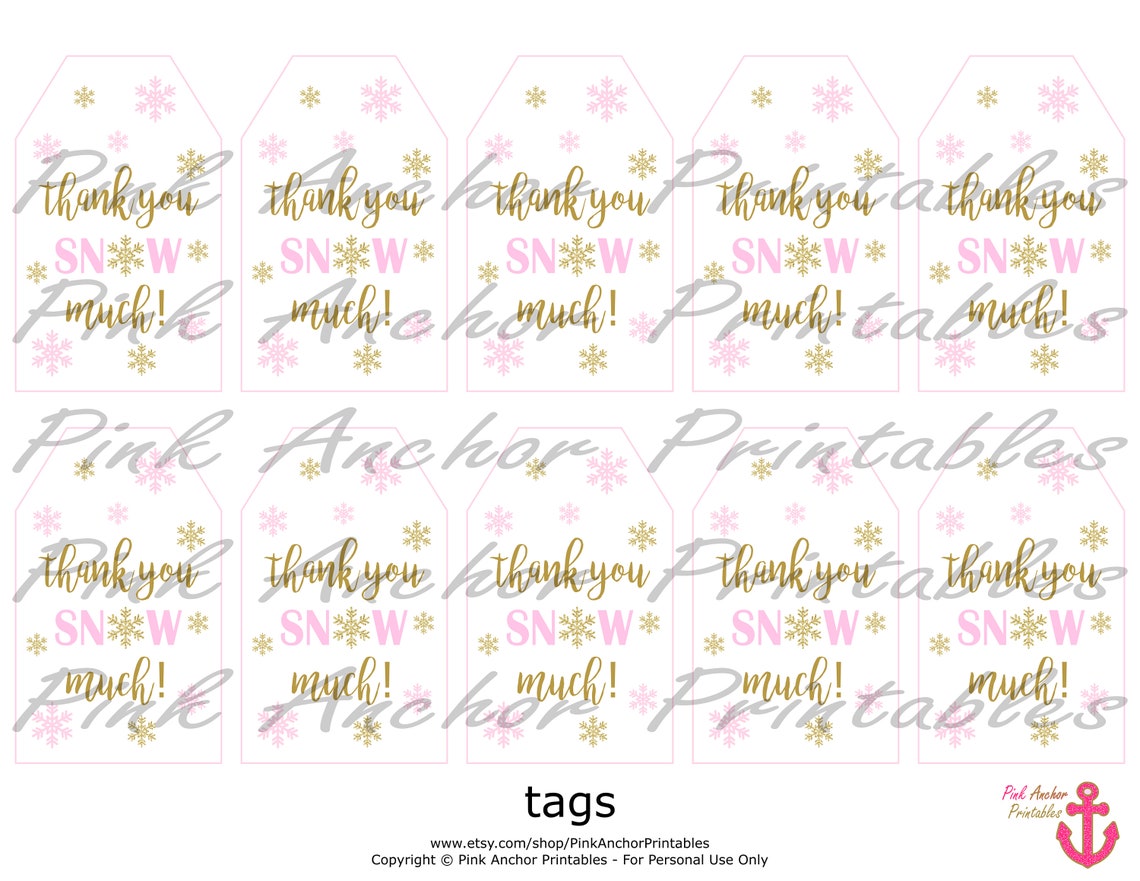 Thank You Snow Much Favor Tags Printable Light Pink & Gold | Etsy