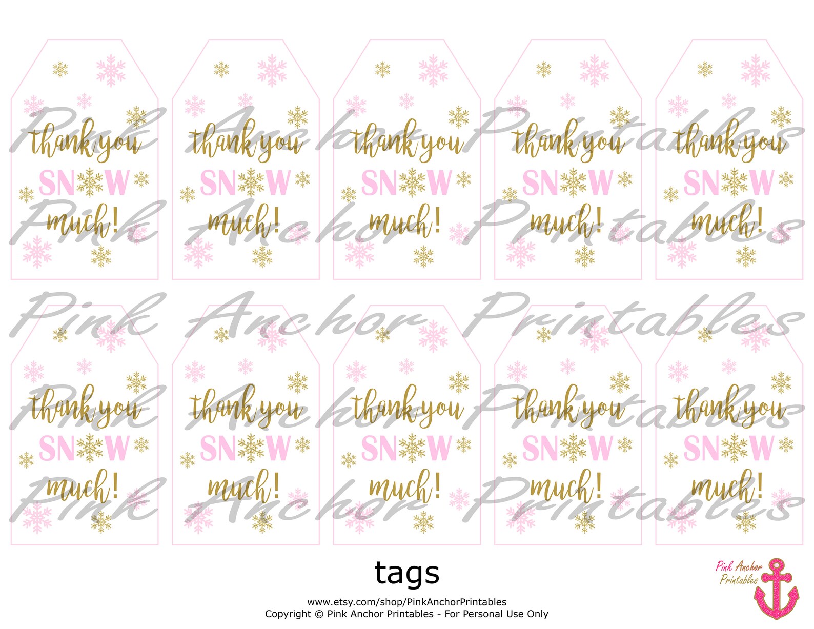 Thank You Snow Much Favor Tags Printable Light Pink & Gold | Etsy