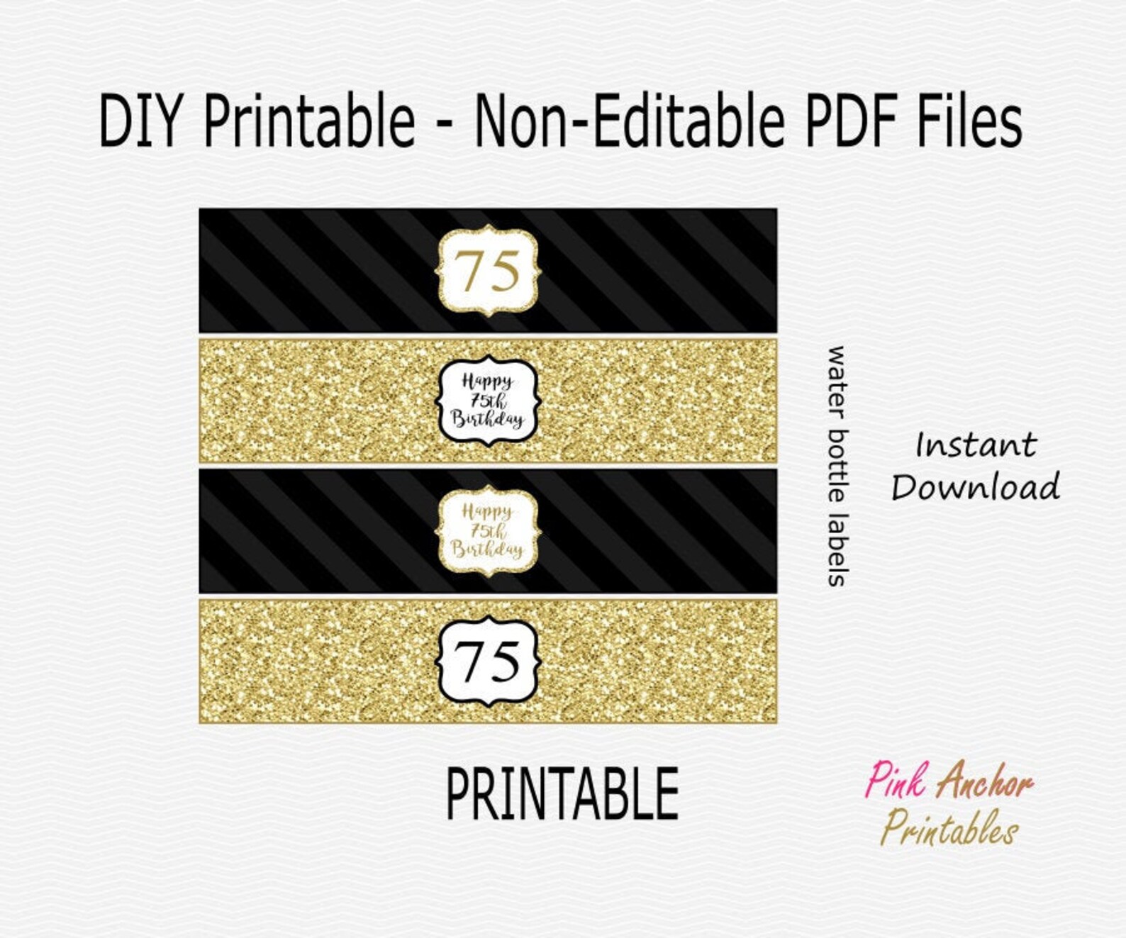 Printable Happy 75th Birthday Water Bottle Labels Black & | Etsy