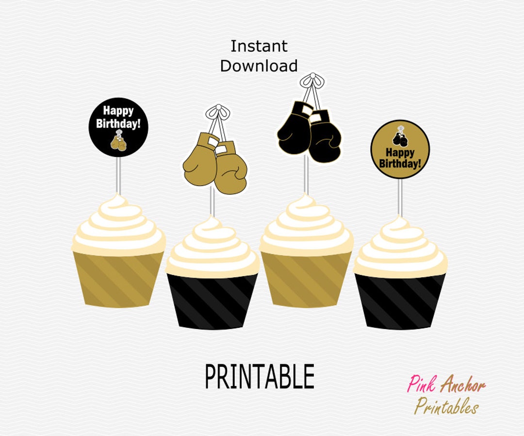Printable Boxing Birthday Cupcake Toppers and Wrappers - Gold & Black ...