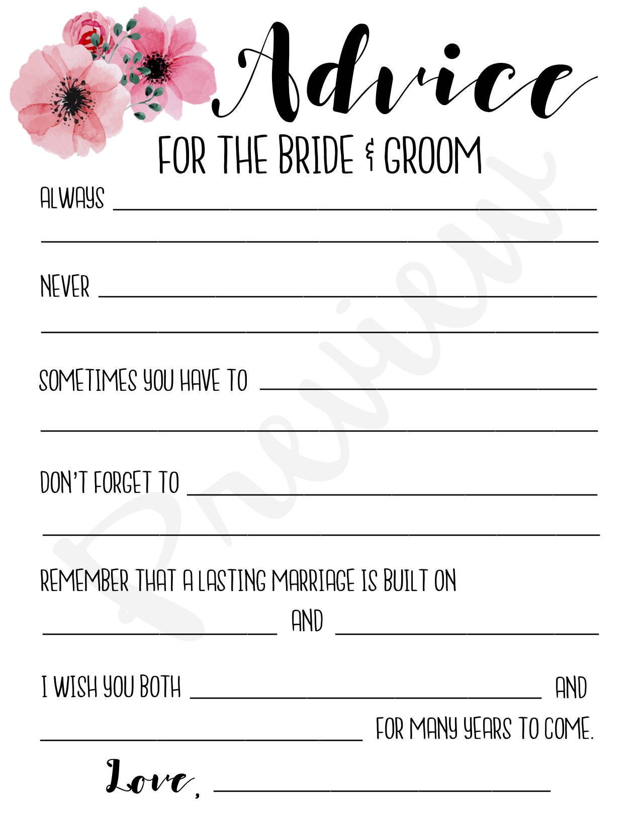 Wedding Advice Card Bridal Shower Games Advice For The Bride Etsy
