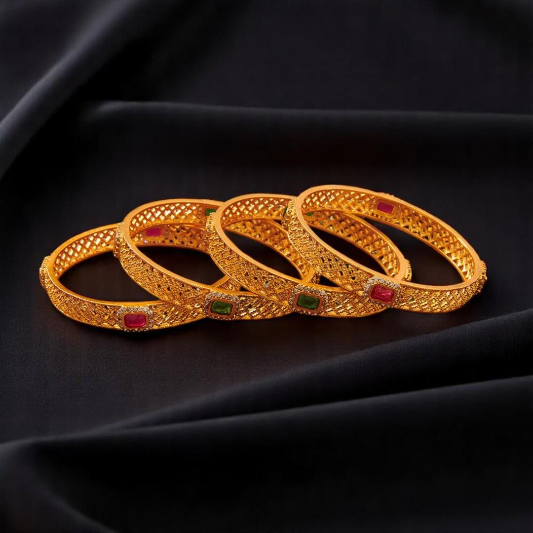 Gold Polished Bangles Jali Style Delicate Trendy Set of 4 Ruby Green ...