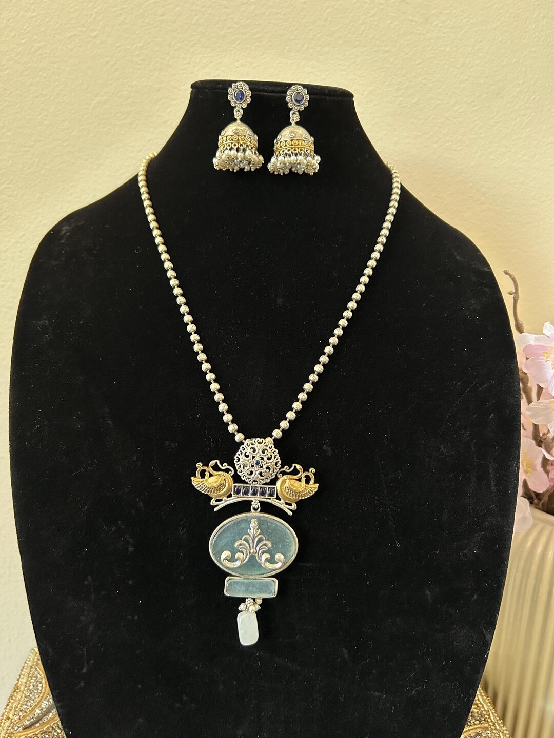 German Silver Necklace Set With Doublet Stone With Inlay Work Long - Etsy
