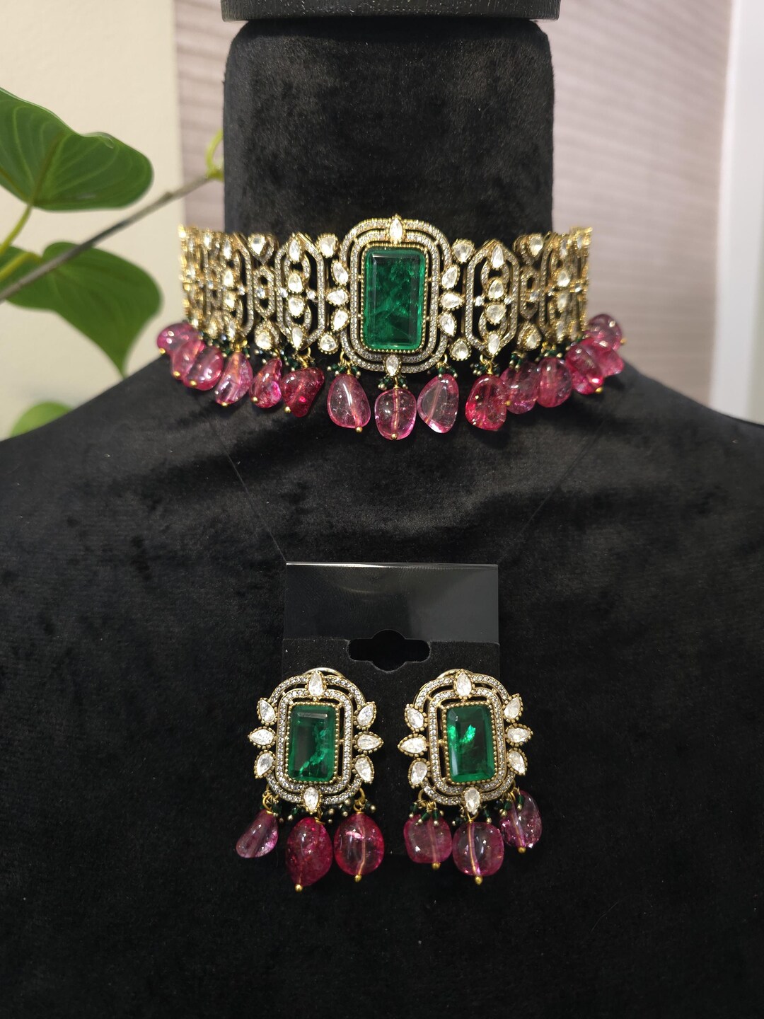 Semiprecious Stone Choker Necklace Set With Mossanite, Polki American ...