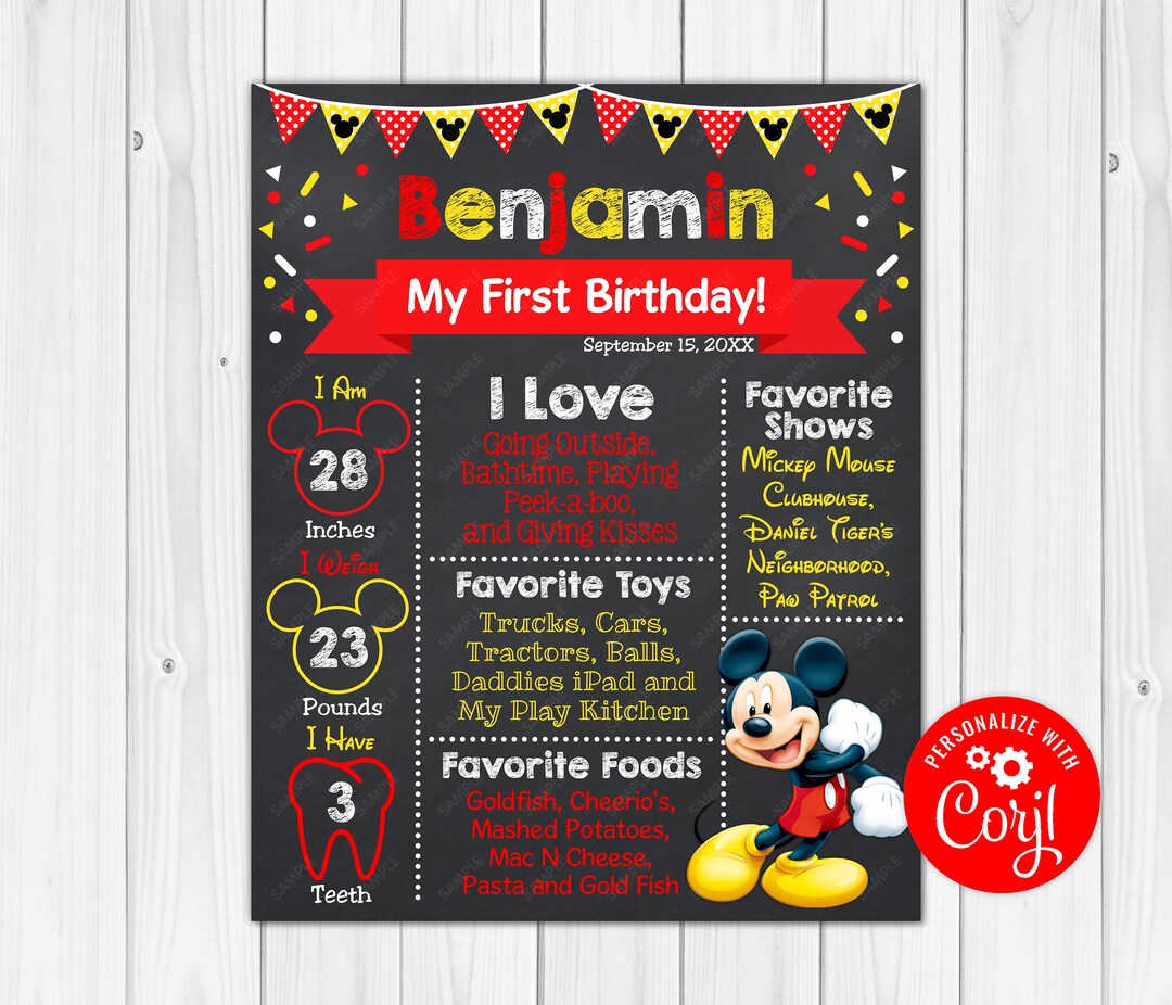 Editable - First Birthday Mickey Chalkboard Poster Milestone Chart ...