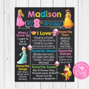 Editable Princess Peach Mario Girl Chalkboard Poster Milestone Chart ...