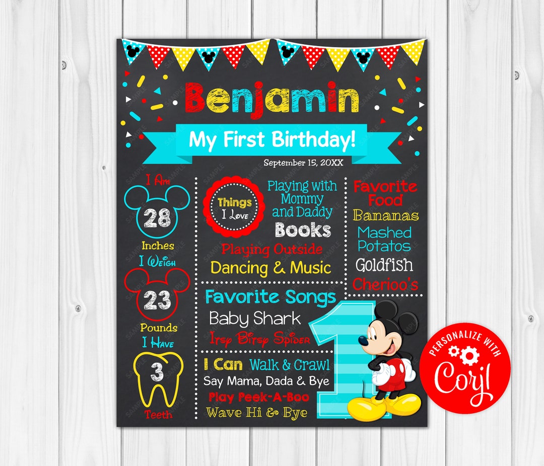 First Birthday Mickey Chalkboard Poster Milestone Chart Printable 16x20 ...