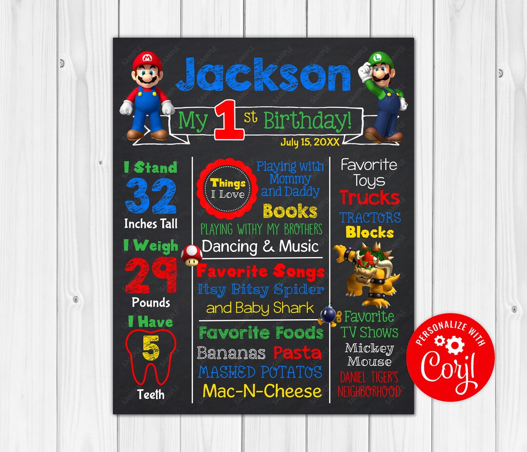 ANY AGE Editable Mario Brothers Chalkboard Poster Milestone Chart ...