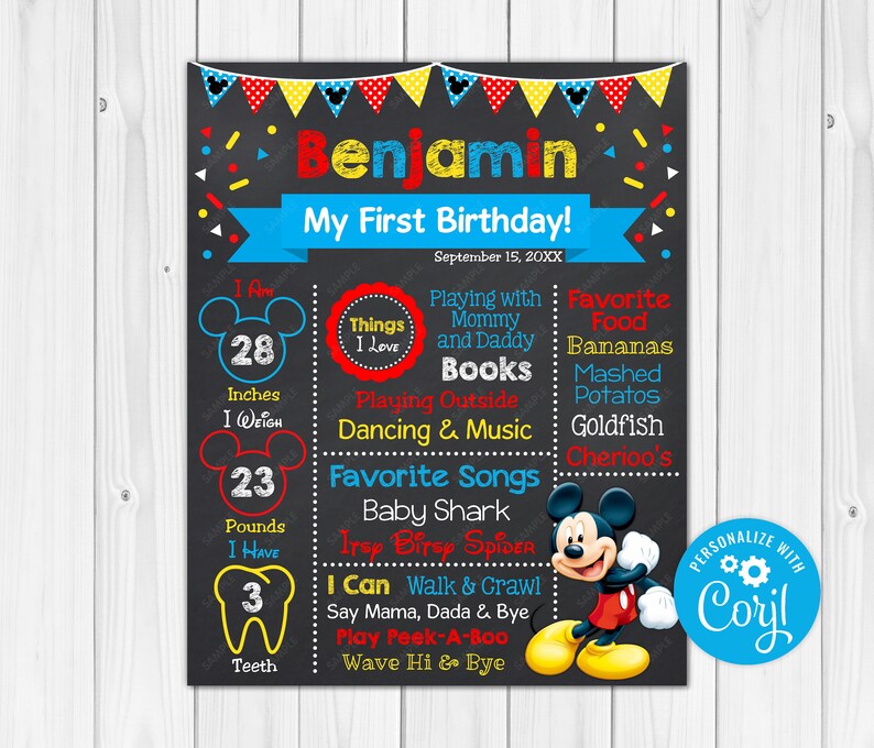 Mickey Mouse Birthday Chalkboard Poster Milestone 16x20, 11x14, 8x10 ...