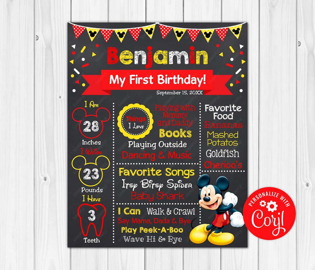Mickey Mouse Birthday Chalkboard Poster Milestone Chart Printable 18x24 ...