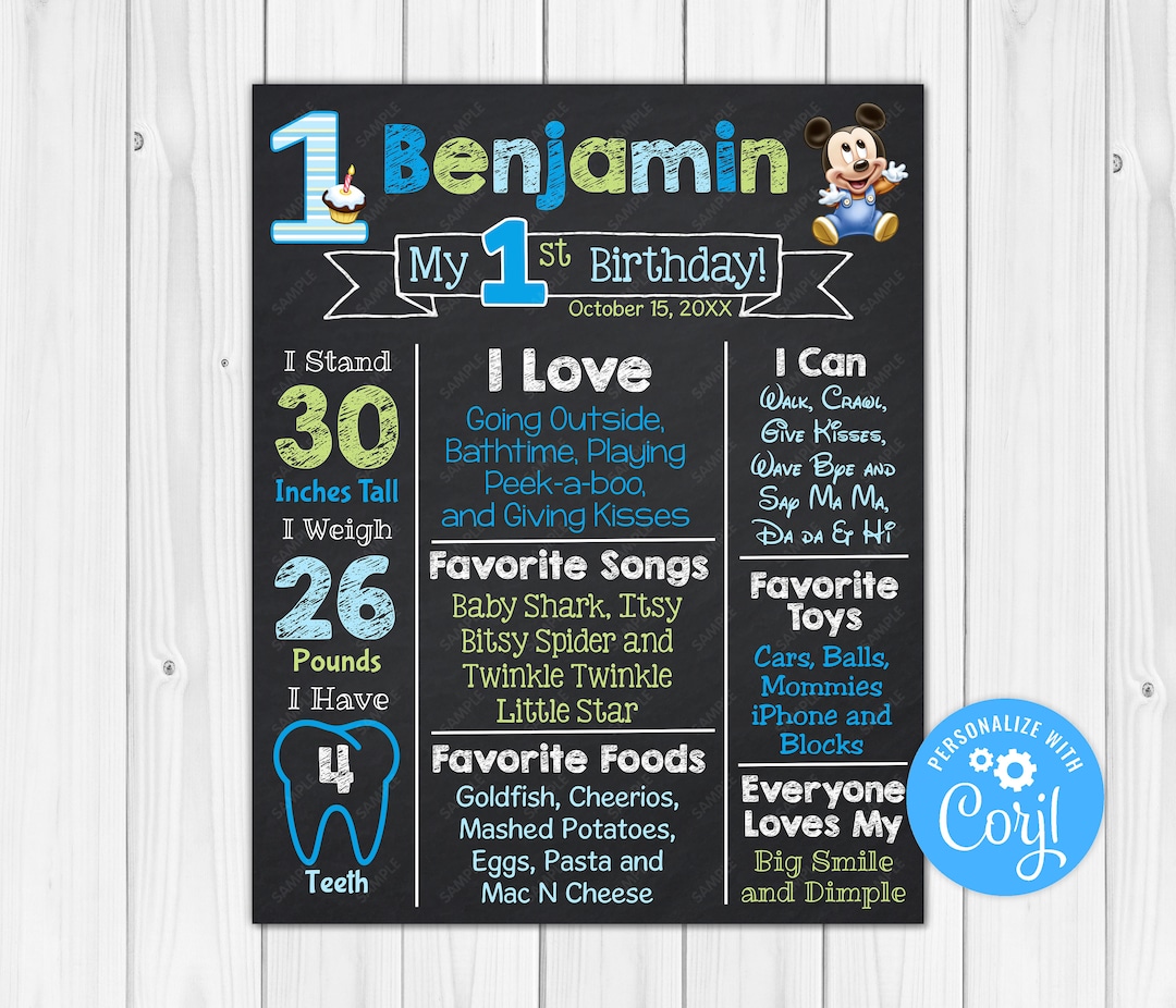 ANY AGE - Editable - Baby Mickey Chalkboard Poster Milestone Chart ...
