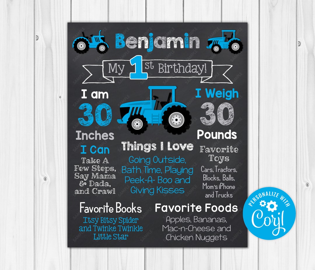 ANY AGE - Blue Tractor Chalkboard Poster Milestone Chart - Printable ...