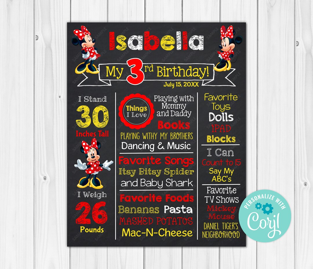 ANY AGE Minnie Chalkboard Poster Milestone Chart Printable 24x36, 20x30 ...
