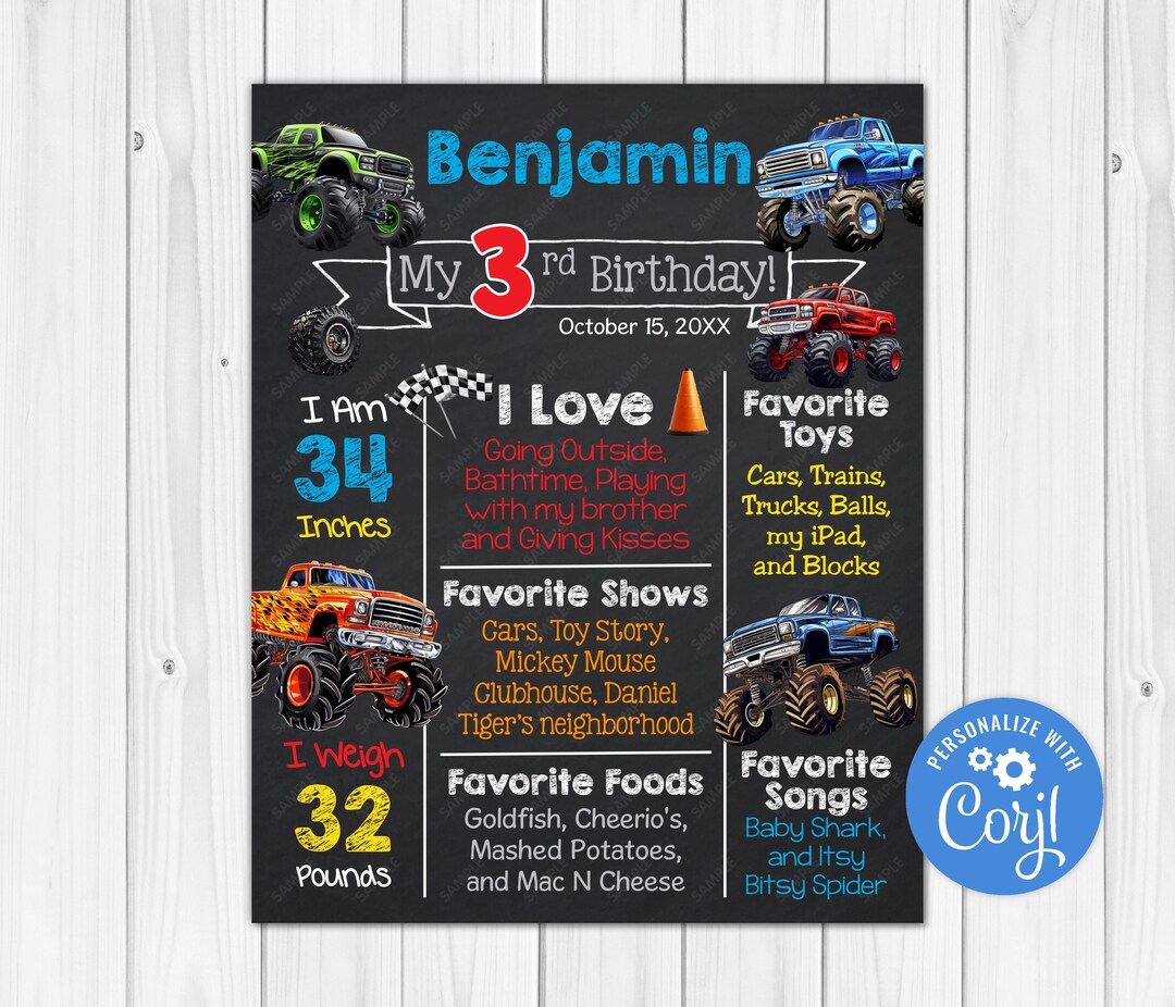ANY AGE Editable - Monster Truck Chalkboard Poster Milestone Chart ...