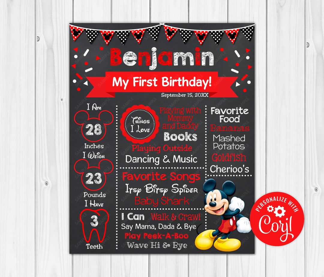 Mickey Mouse Birthday Chalkboard Poster Milestone Chart Printable 16x20 ...
