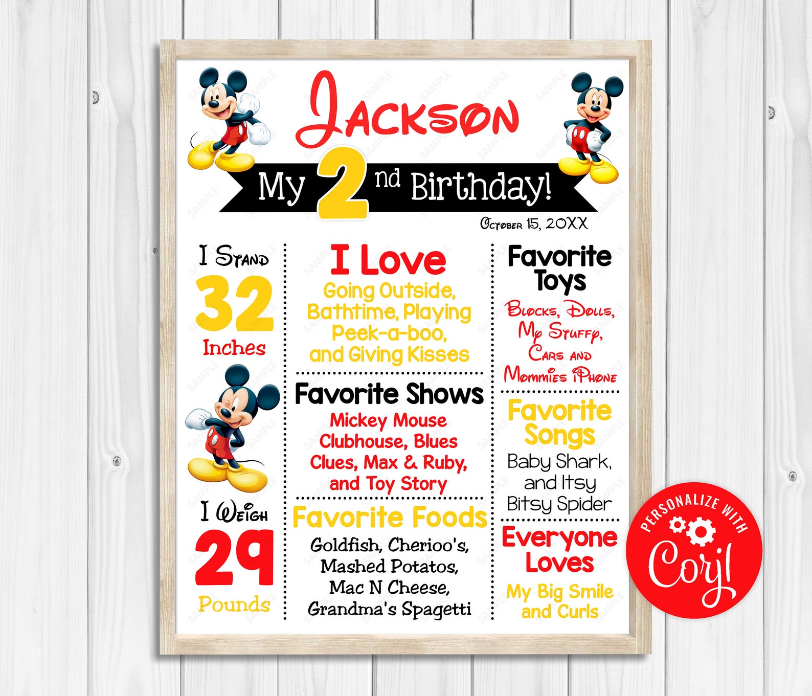 Any Age - Mickey Mouse Birthday Poster Milestone Chart Printable 24x36 ...