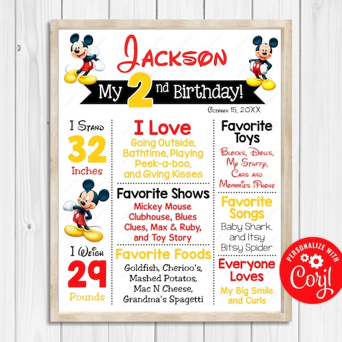 Any Age Mickey Mouse Birthday Poster Milestone Chart - Etsy