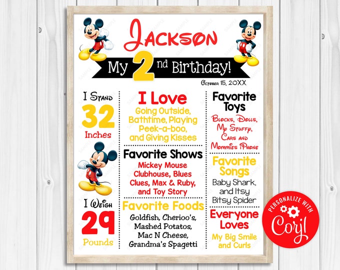Any Age - Mickey Mouse Birthday Poster Milestone Chart Printable 24x36 ...