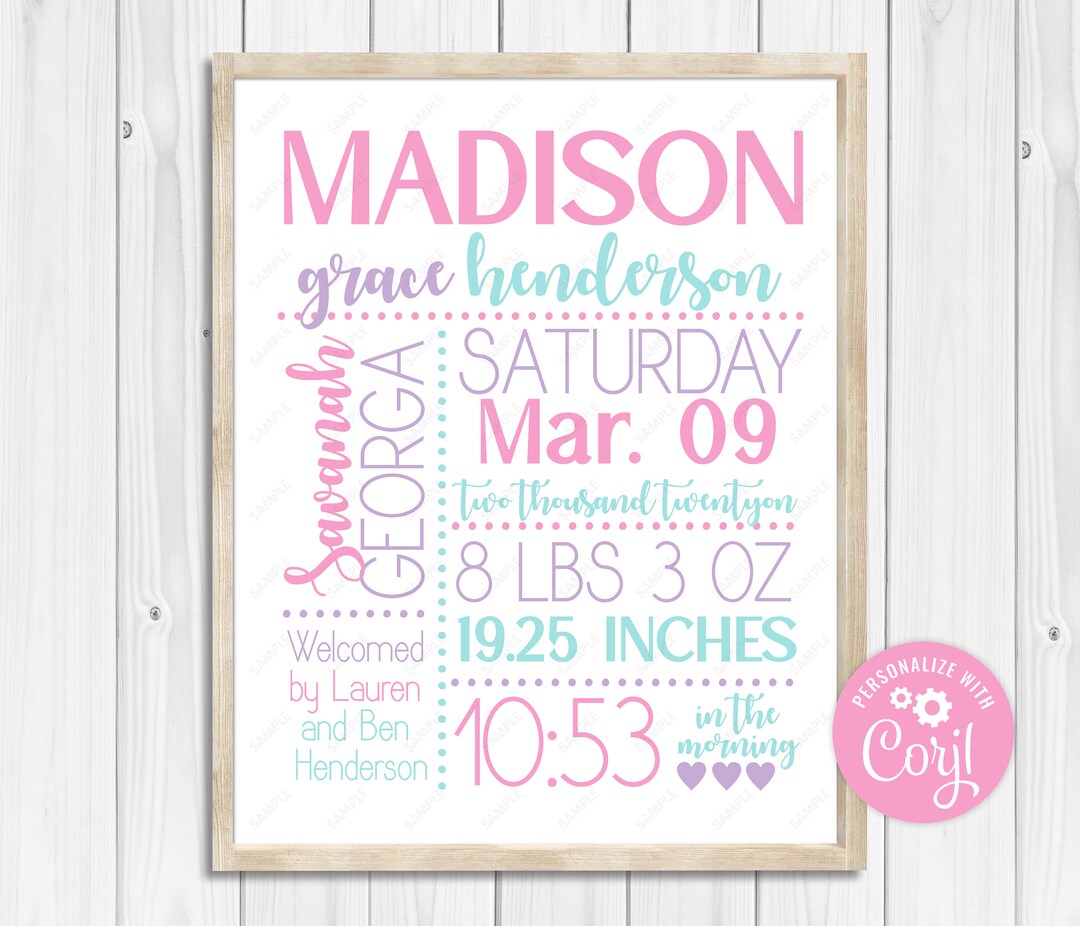 CUSTOM COLOR Welcome Baby Birth Stat Sign Chart - Printable 16x20 ...