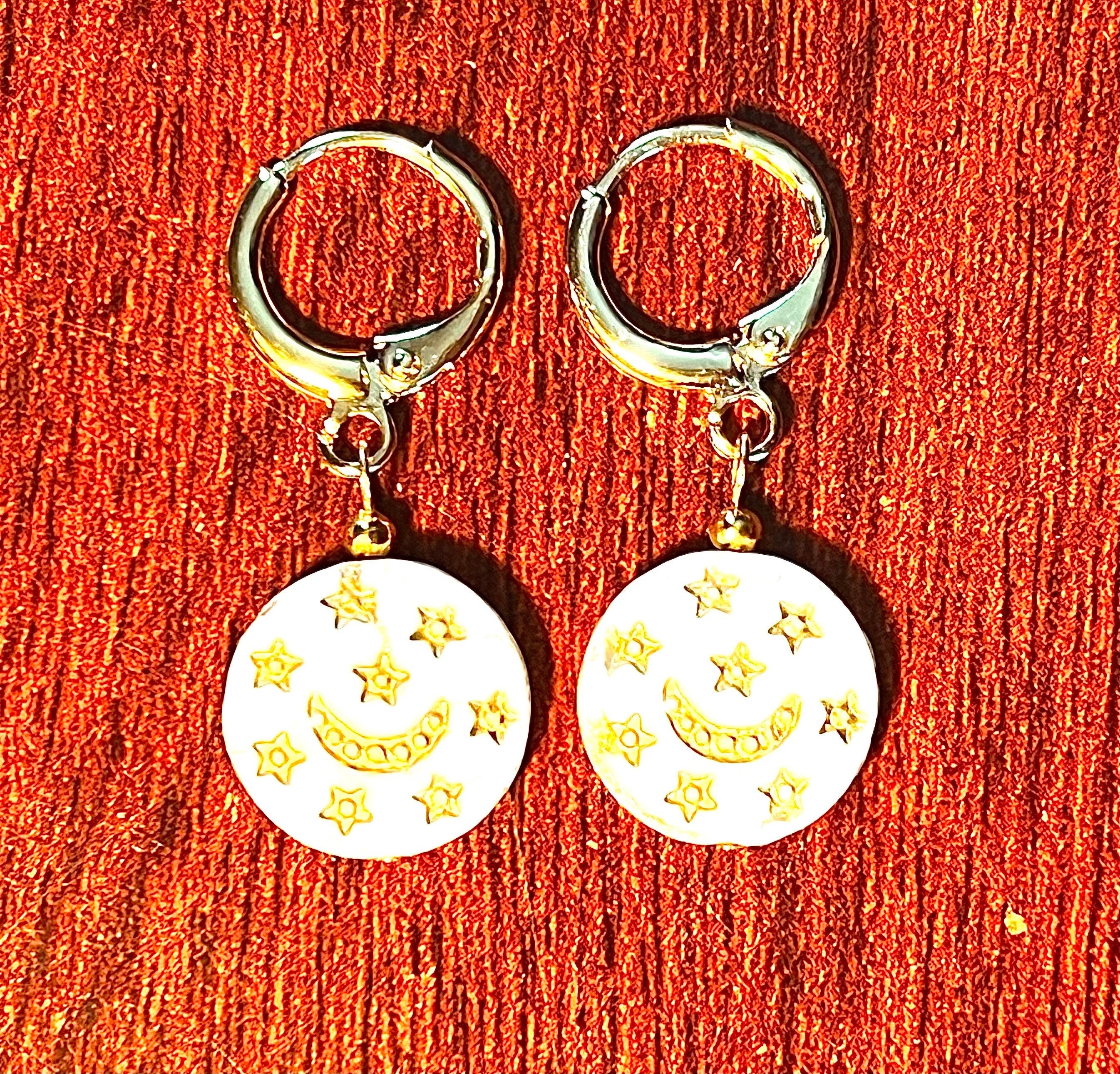 White Gold Stars Lever Back Coin Disk Czech Glass Crescent Moon ...