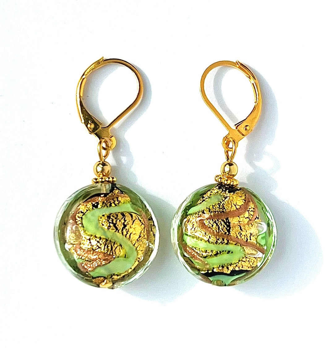 Murano Glass Green Gold Lever Back Lentil Venetian Glass Aventurina ...