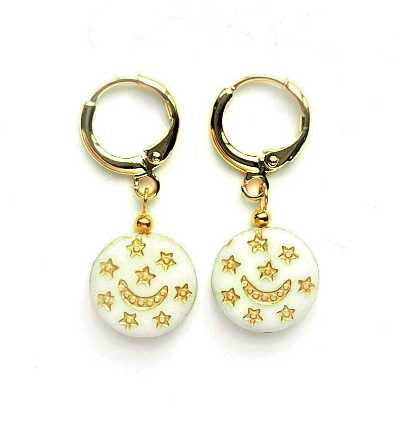 White Gold Stars Lever Back Coin Disk Czech Glass Crescent Moon ...