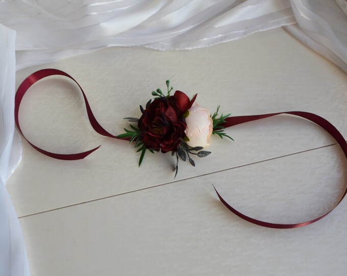 Burgundy Wrist Corsage Small Deep Red Bridesmaid Corsage | Etsy