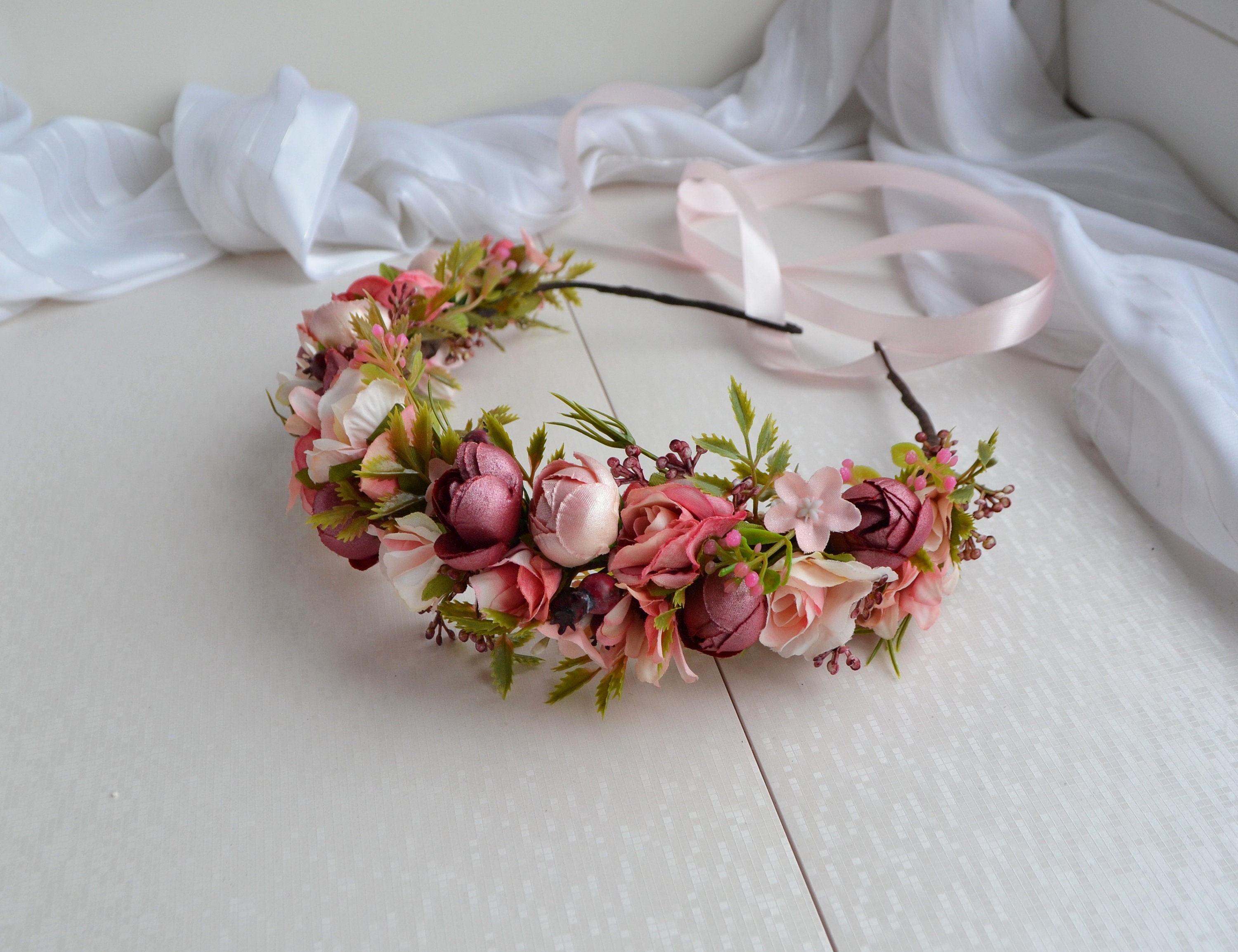 Blush pink Flower crown Rose Floral crown Boho Wedding | Etsy