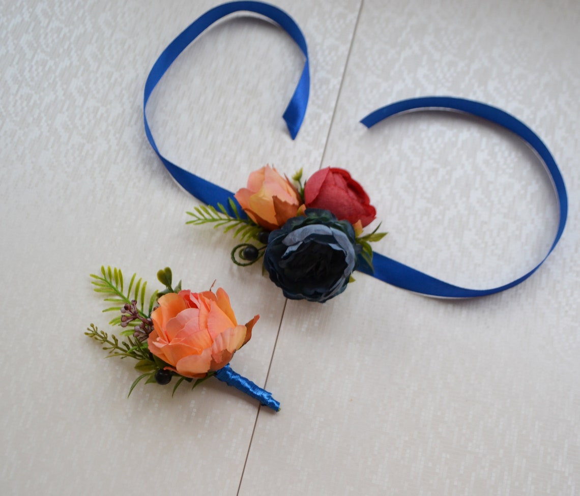 Orange Navy Blue Wrist Corsage Orange Boutonniere Wedding - Etsy