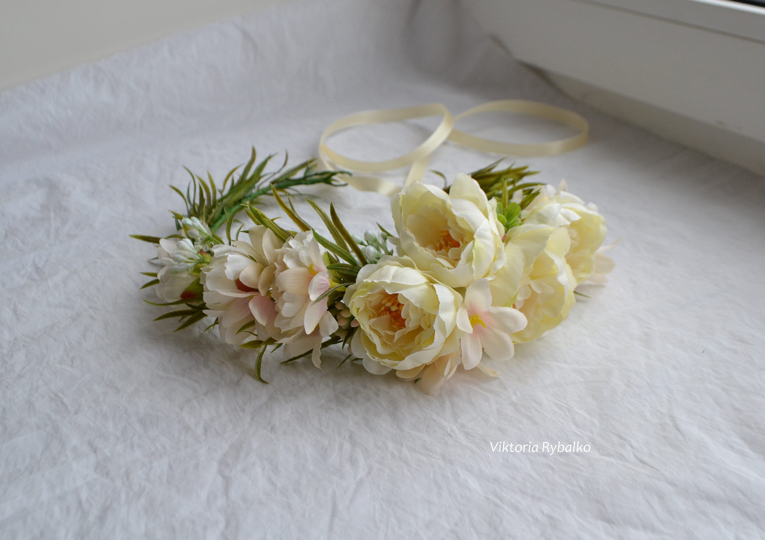 READY to Ship Ivory Peony Flower Crown Beige Floral Crown Greenery ...