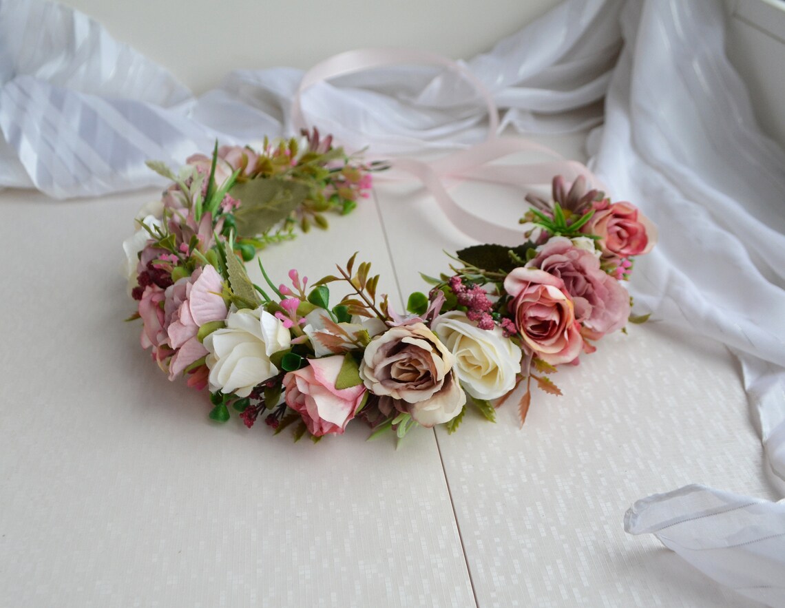 Purple Pink Flower crown Pink Rose Headpiece Pastel Floral | Etsy