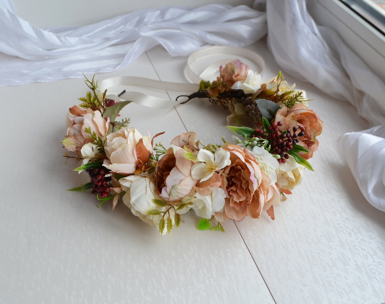 Large Peony Flower Crown Beige White Floral Crown Boho | Etsy