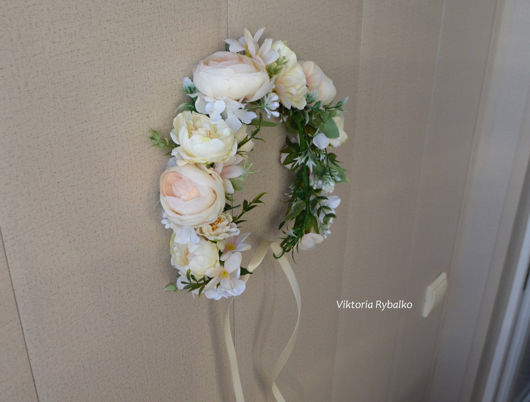 Ivory Peony Flower Crown Beige Boho Floral Crown Bridesmade Hairpiece ...