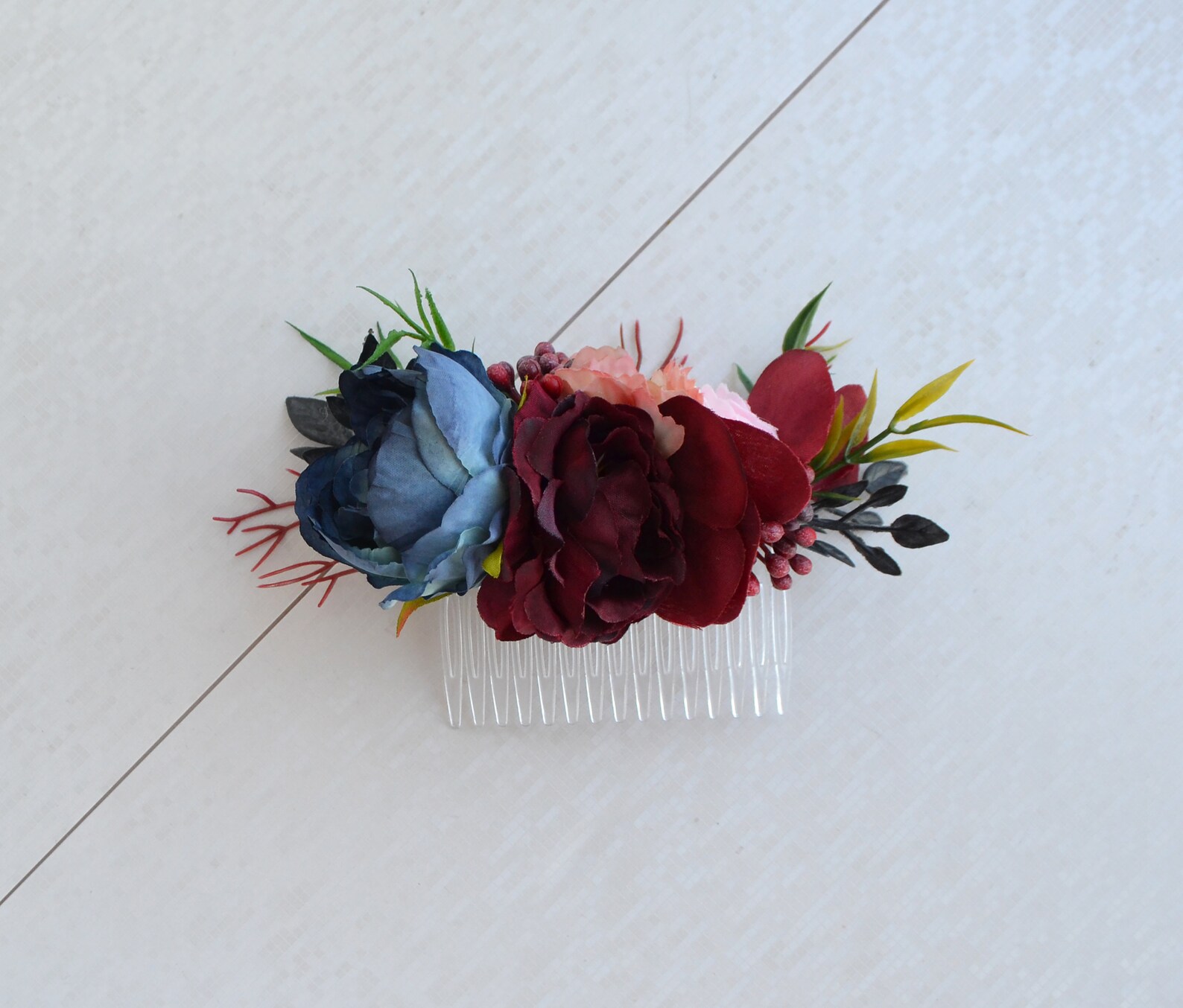 Burgundy Dusty Blue Flower Comb Navy Pink Hair Comb Wedding - Etsy